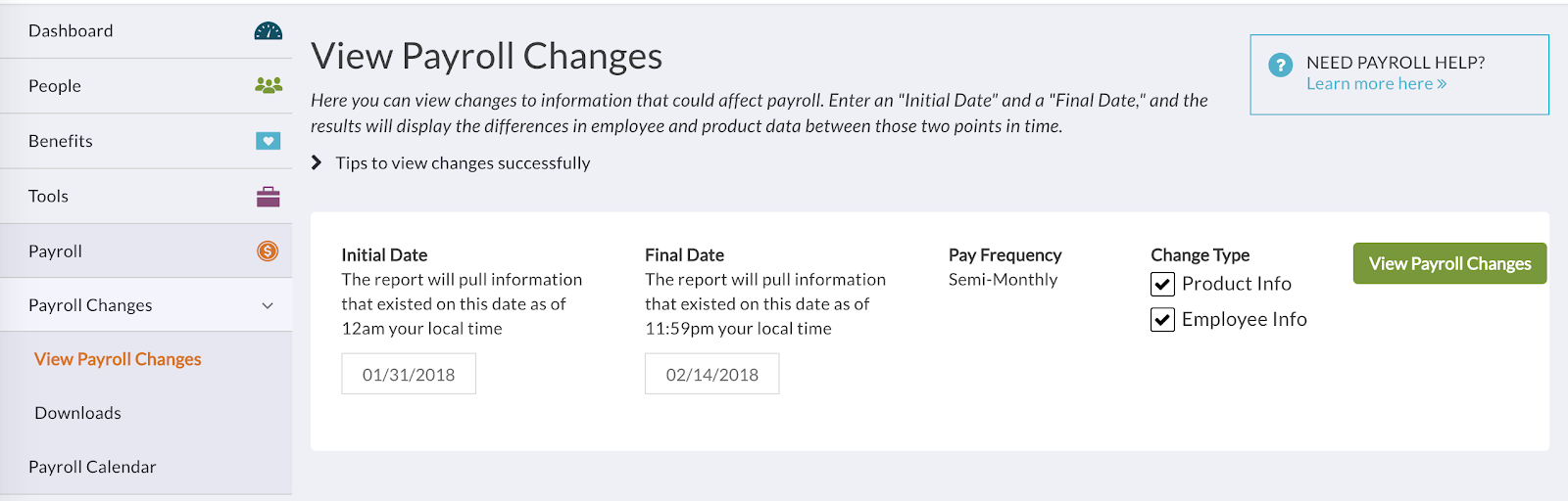 View Payroll Changes – Support